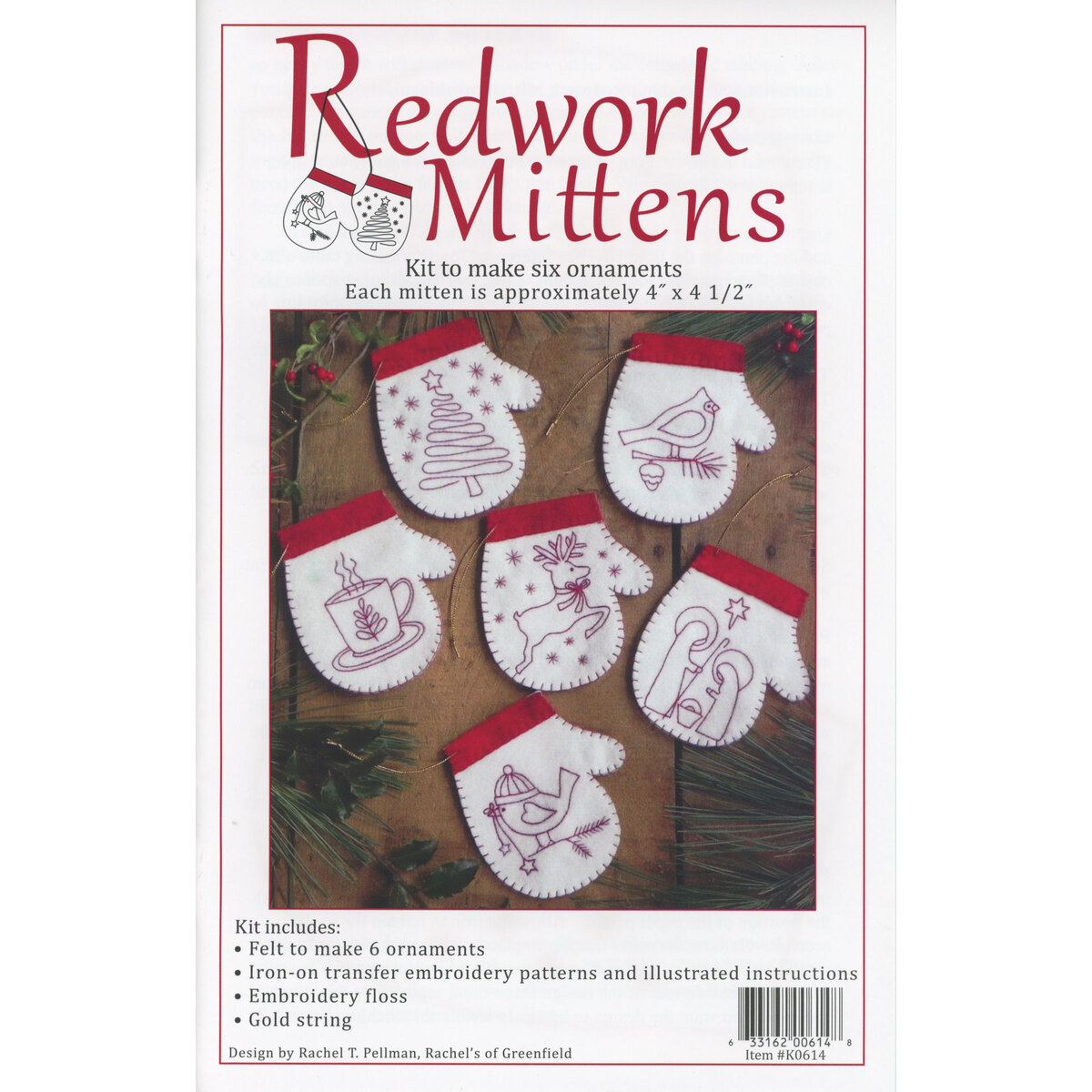 Redwork Mittens Ornament Kit - Makes 6 | Shabby Fabrics